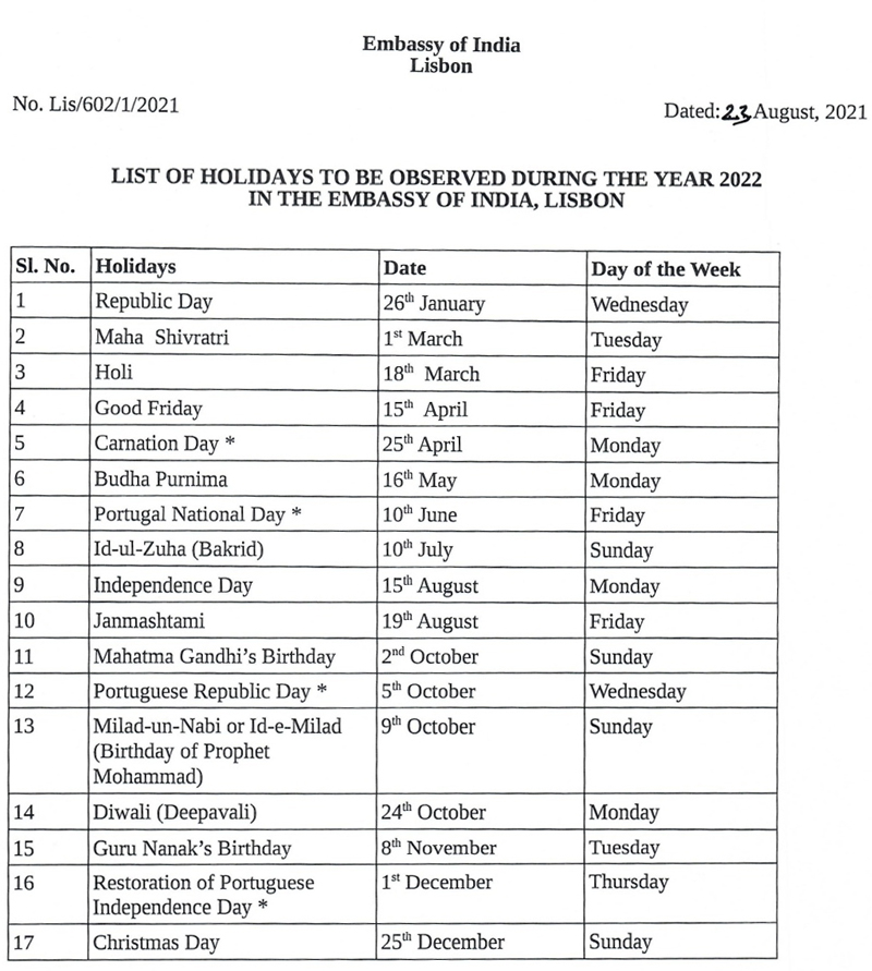 Embassy of India, Lisbon, Portugal : Embassy Holidays